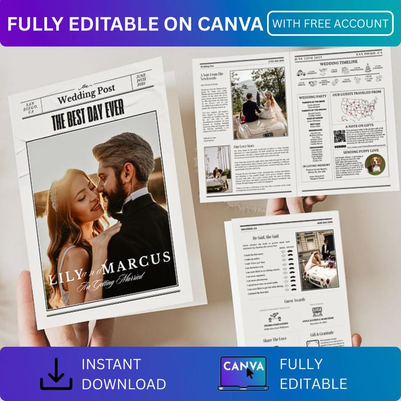 Folded Printable Wedding Newspaper Program Canva Template, Infographic ...