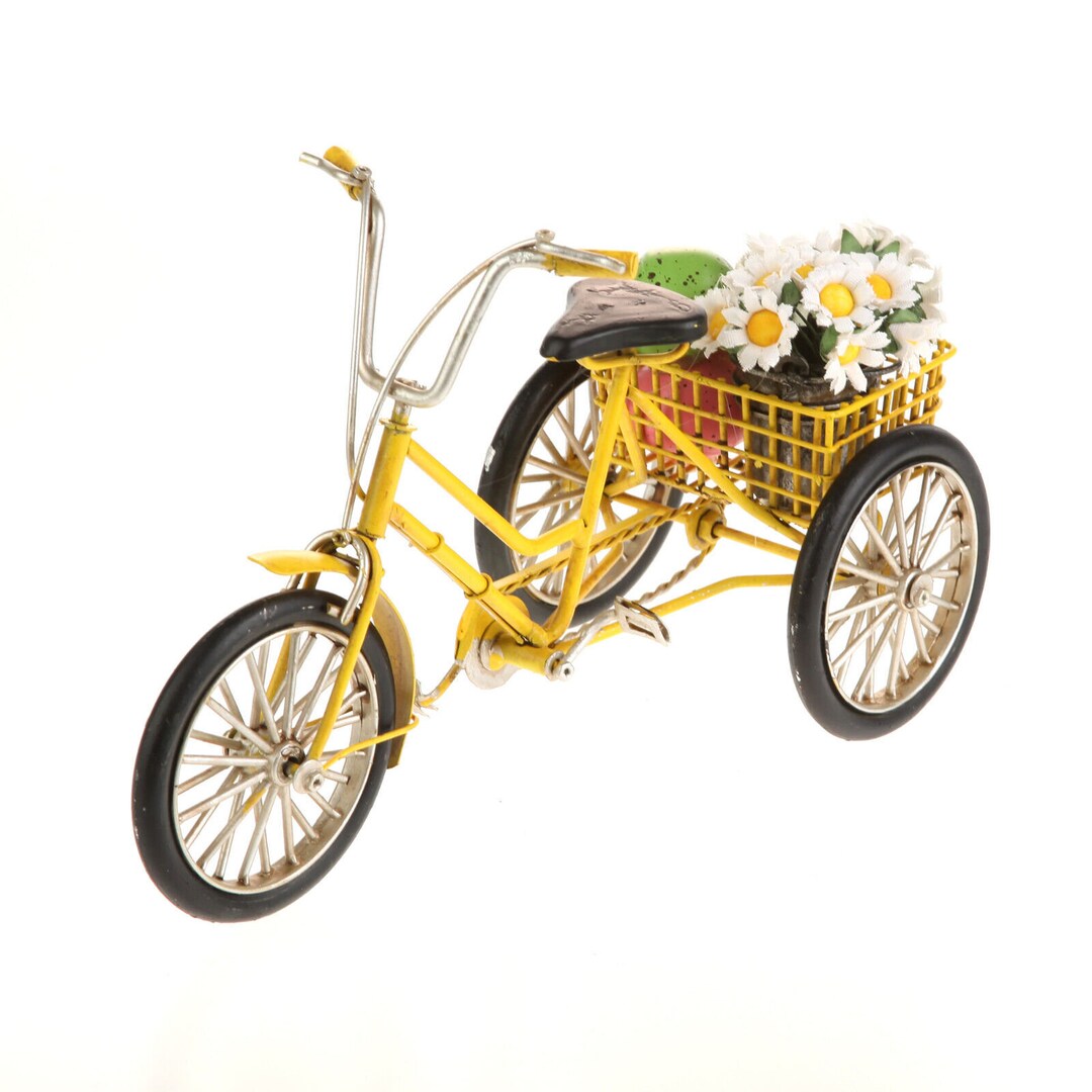 Retro Tin Model Bicycle Tricycle With Flower Basket Yellow - Etsy