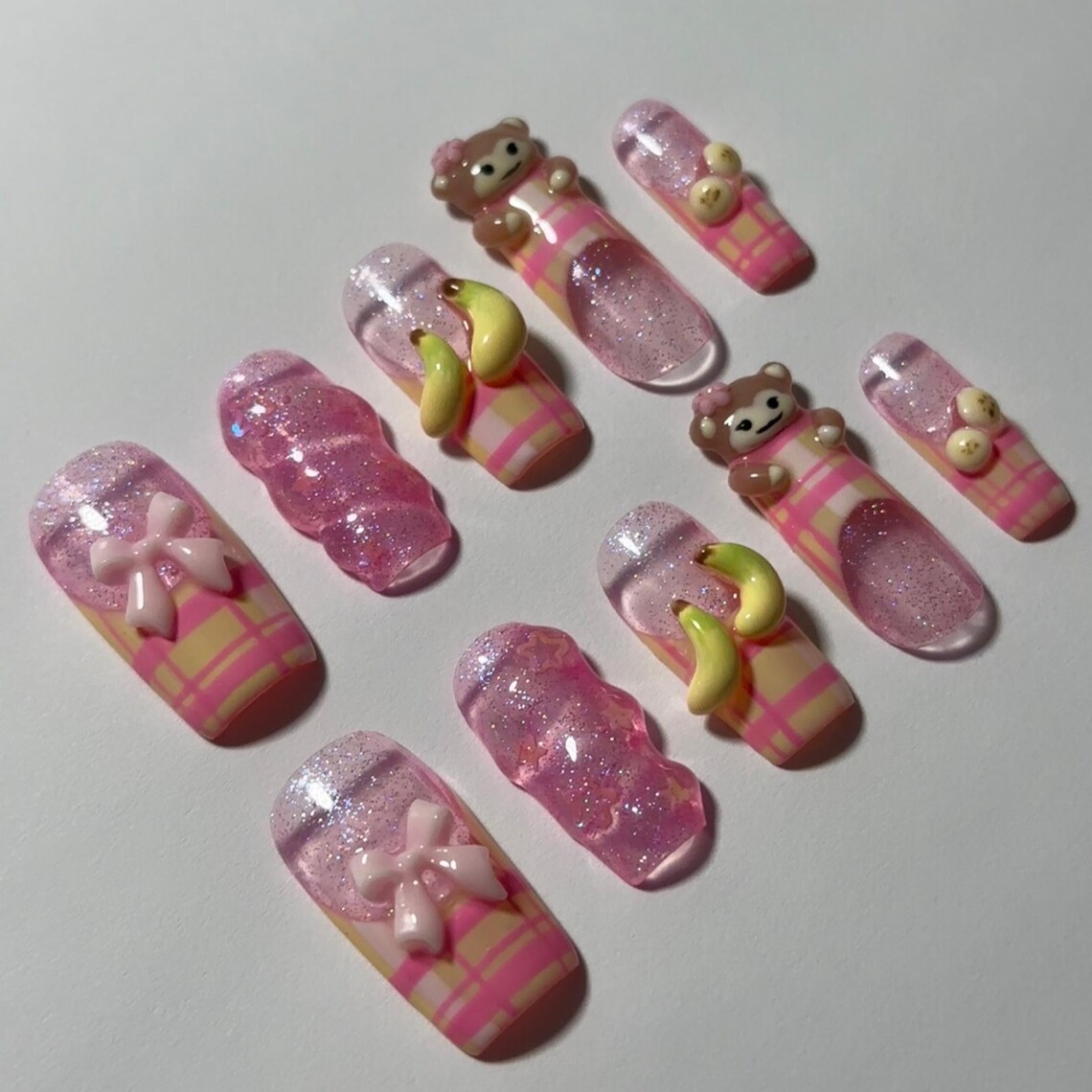 Cute Monkey Press on Nails With Bananas — Yellow Pink Plaid 3D Animal ...