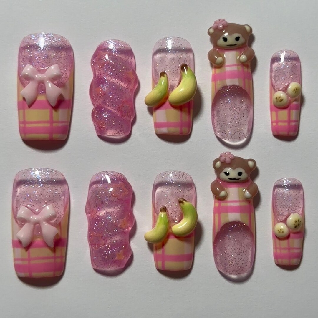 Cute Monkey Press on Nails With Bananas — Yellow Pink Plaid 3D Animal ...