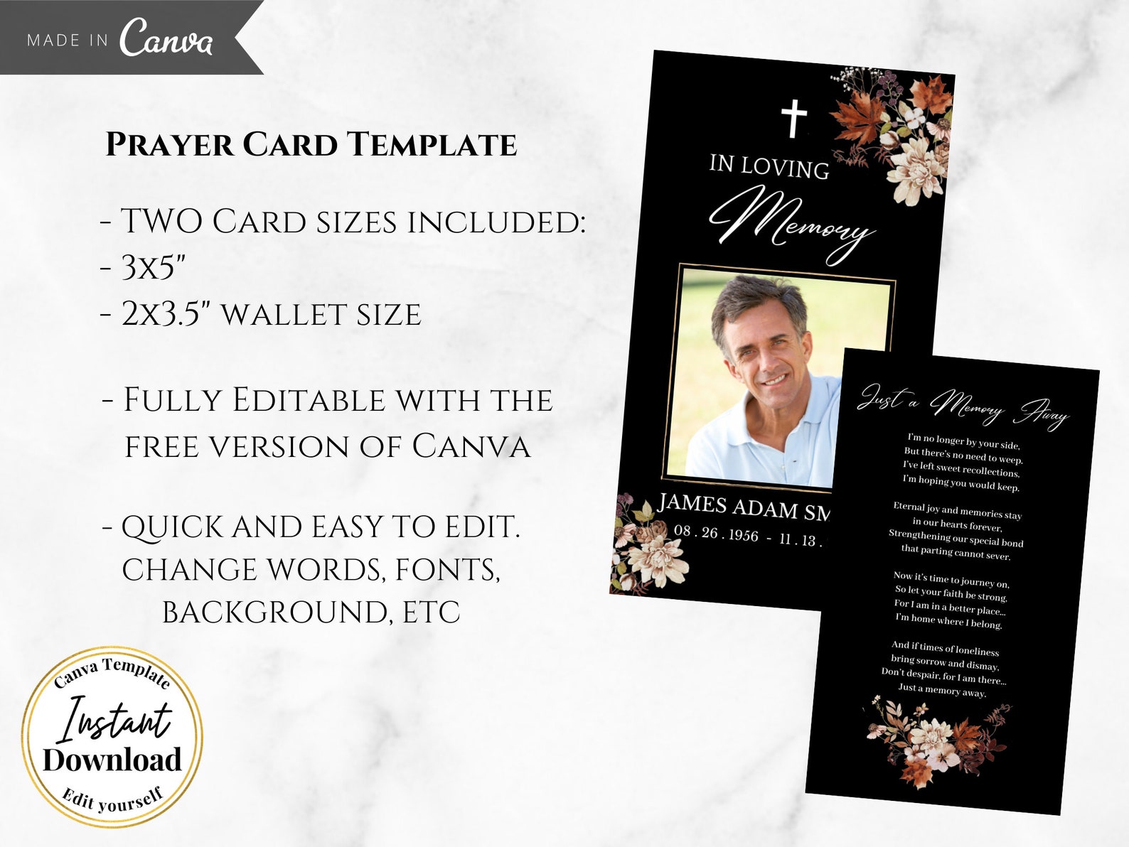 Editable Funeral Prayer Card Template, Printable Memorial Prayer Card ...