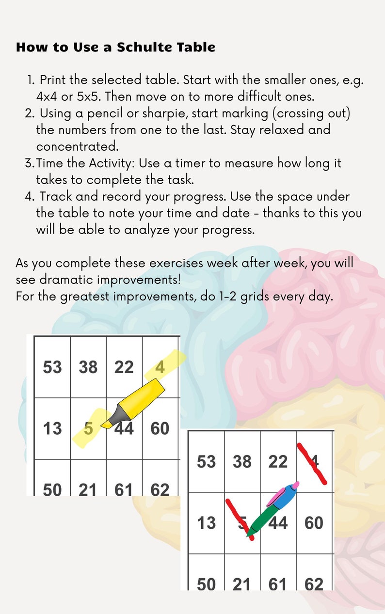 100 Schulte Grid Concentration Tables, ADHD Focus Exercises (PDF File ...