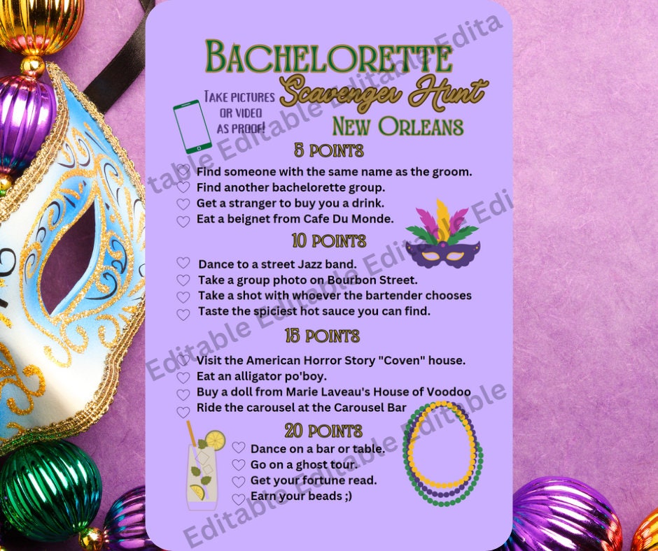 Bachelorette Party Scavenger Hunt Game for New Orleans Bach Party ...