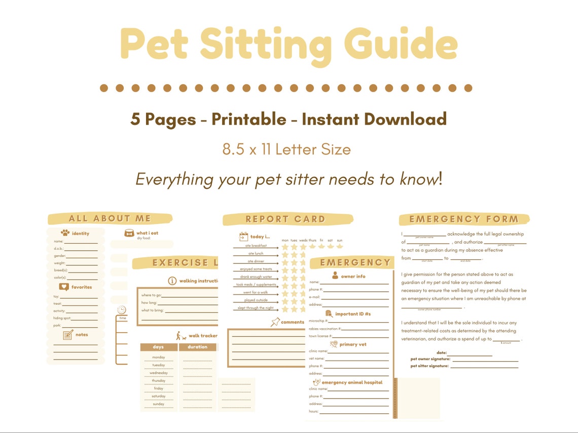 Pet Sitting Guide, 8.5 X 11 Printable, Pet Sitter Info, Dog Report Card ...