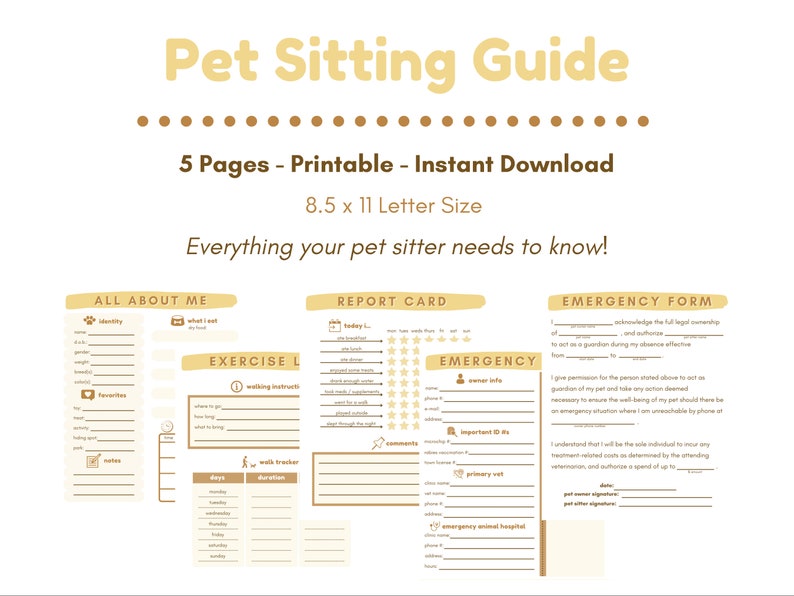 Pet Sitting Guide, 8.5 X 11 Printable, Pet Sitter Info, Dog Report Card ...