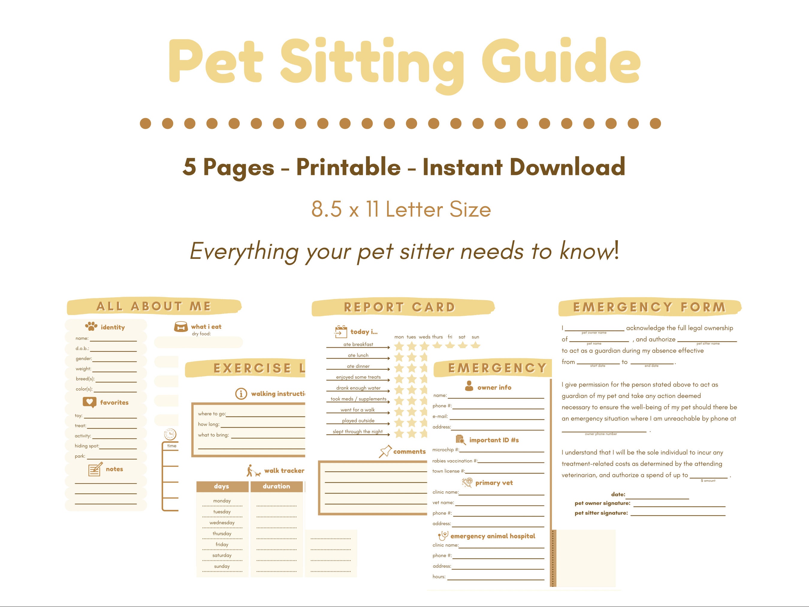 Pet Sitting Guide, 8.5 X 11 Printable, Pet Sitter Info, Dog Report Card ...
