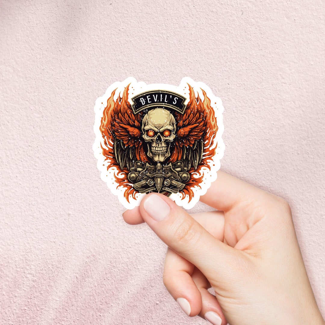 Unique Devil's Skull and Wings Sticker, Fiery Motorcycle Helmet Decal ...