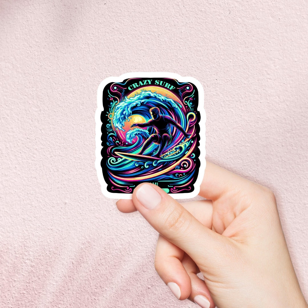 Psychedelic Surfing Sticker, Miami Dream Crazy Surf Wave, Colorful ...