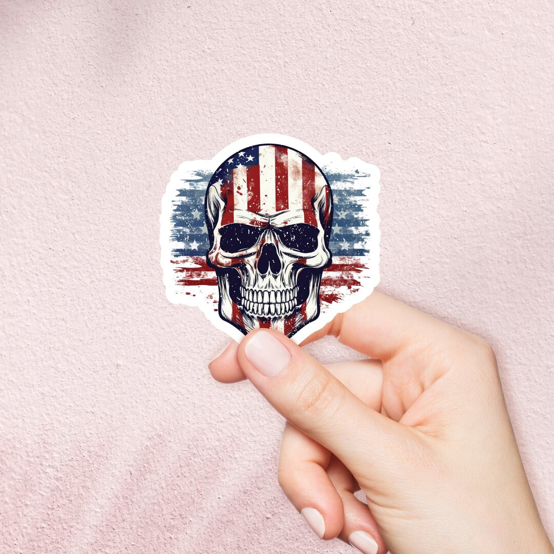 American Flag Skull Sticker, Patriotic Decal, Vintage Distressed Look ...