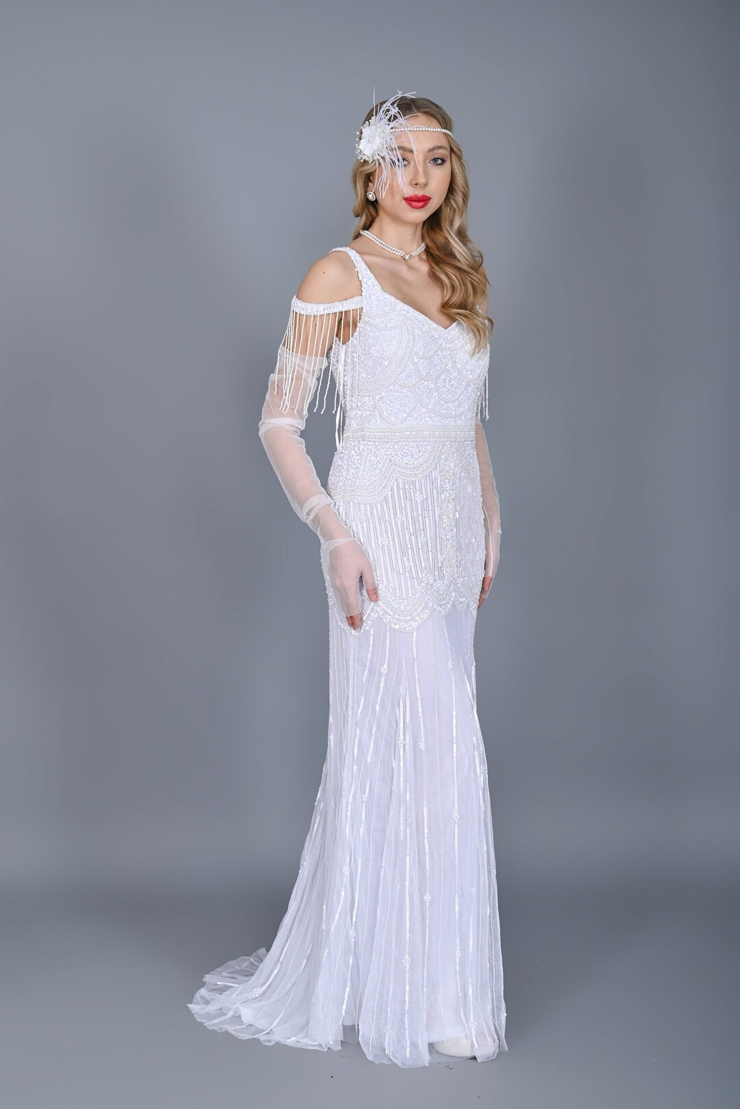 Chloe White Tie Open Back Maxi Wedding Prom Dress 1920s Gatsby Art Deco ...