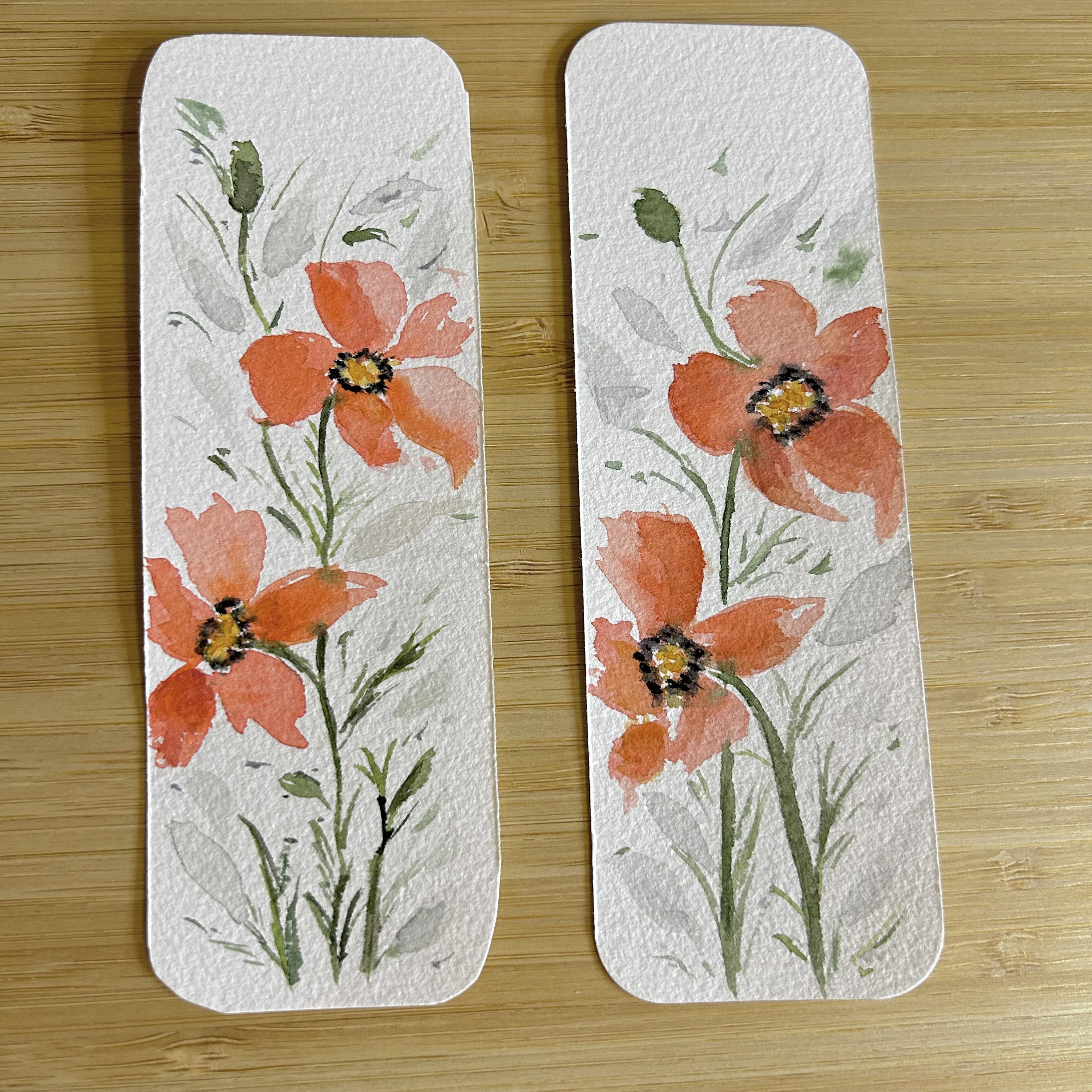 Set of 2 Original Hand Painted Watercolour Flower Bookmarks Red Poppies ...