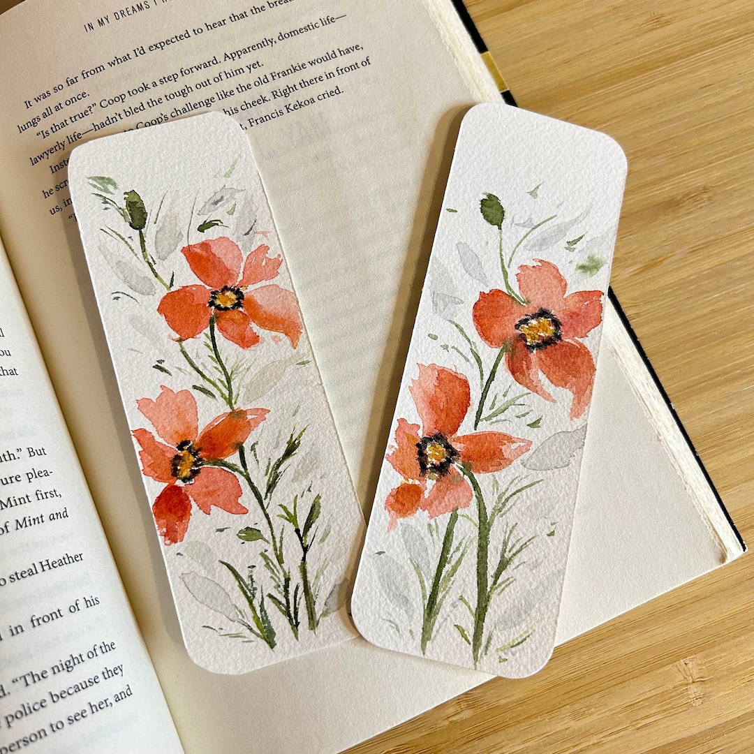 Set of 2 Original Hand Painted Watercolour Flower Bookmarks Red Poppies ...