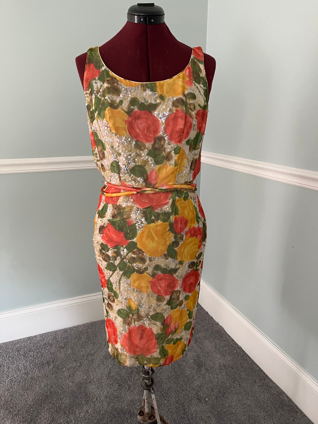 Vintage Nan Duskin Cocktail Dress - Rose Pattern - Yellow, Orange, Red - Sequins - Tie Waist ...