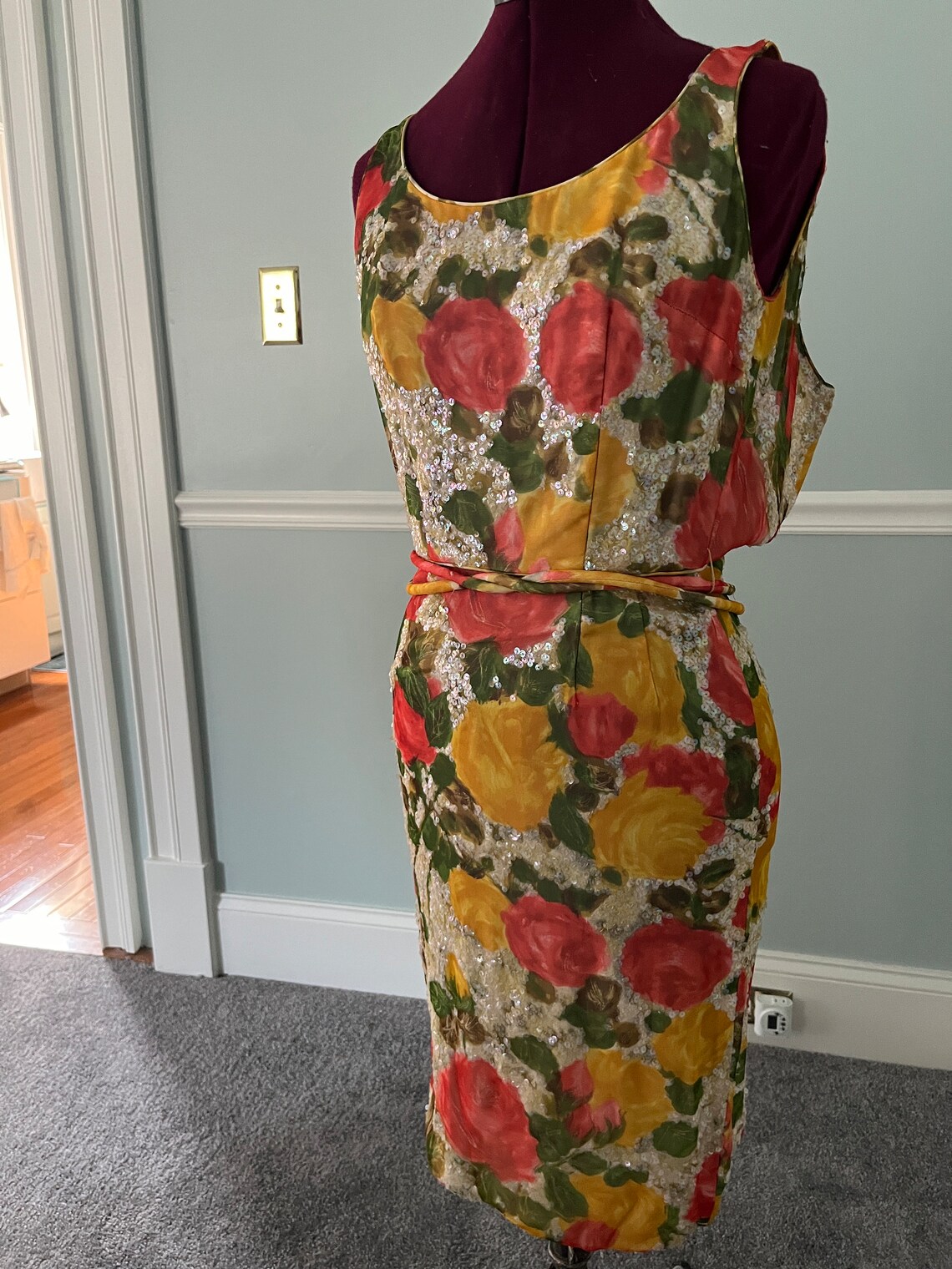 Vintage Nan Duskin Cocktail Dress Rose Pattern Yellow, Orange, Red ...