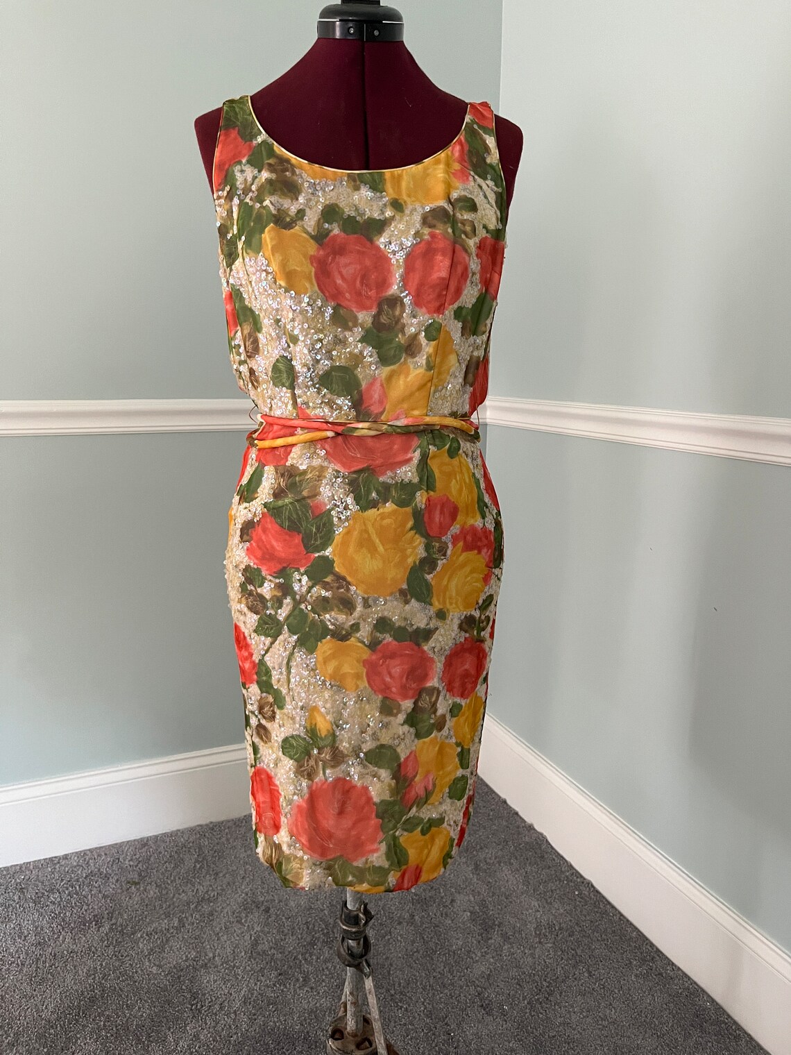 Vintage Nan Duskin Cocktail Dress Rose Pattern Yellow, Orange, Red ...