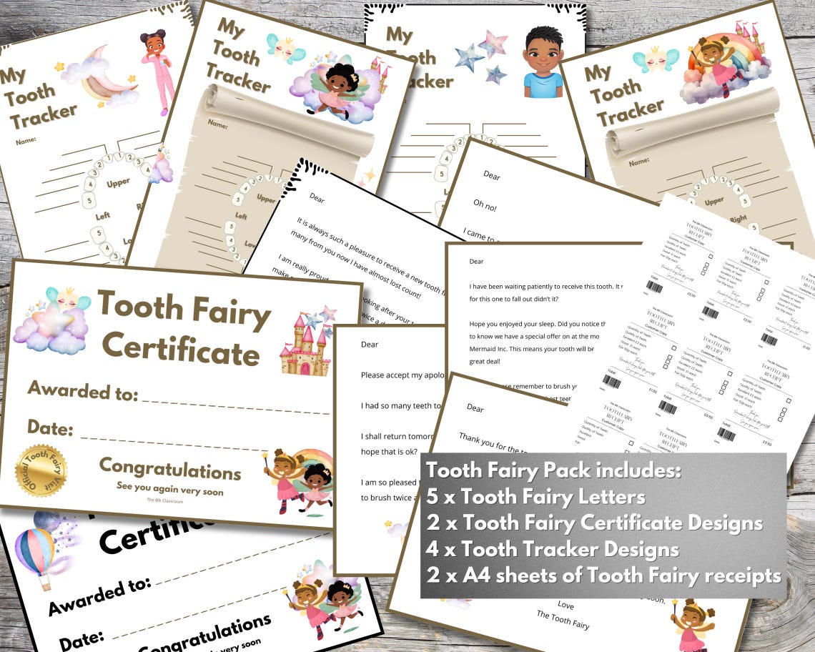 Black Tooth Fairy Kit Includes: Tooth Fairy Letters Certificates Tooth ...