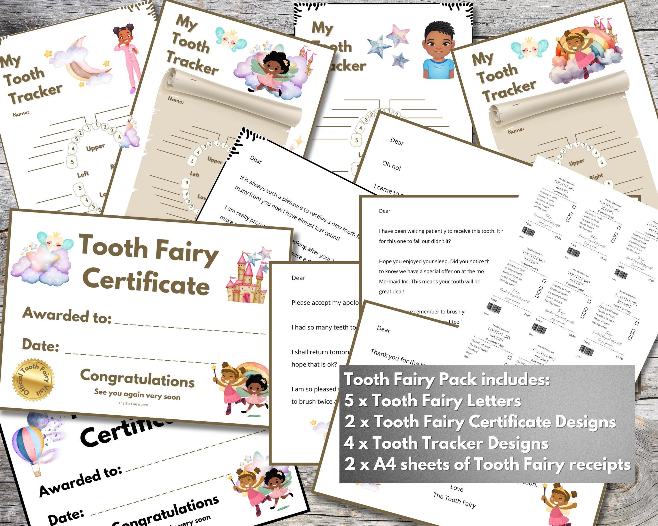 Black Tooth Fairy Kit Includes: Tooth Fairy Letters Certificates Tooth ...