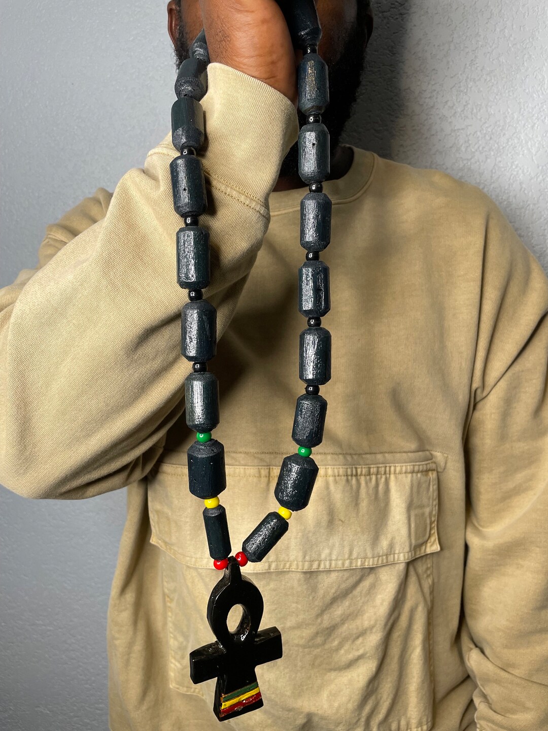 Handcrafted EGYPTIAN ANKH Key Tree of Life Pendant Wooden Wood Bead ...