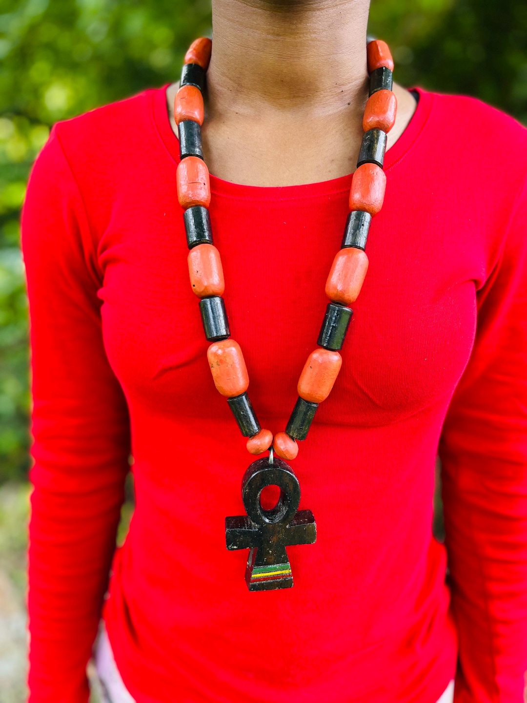 Handcrafted EGYPTIAN ANKH Key of Life Wood Bead Necklace Ankh Pendant ...