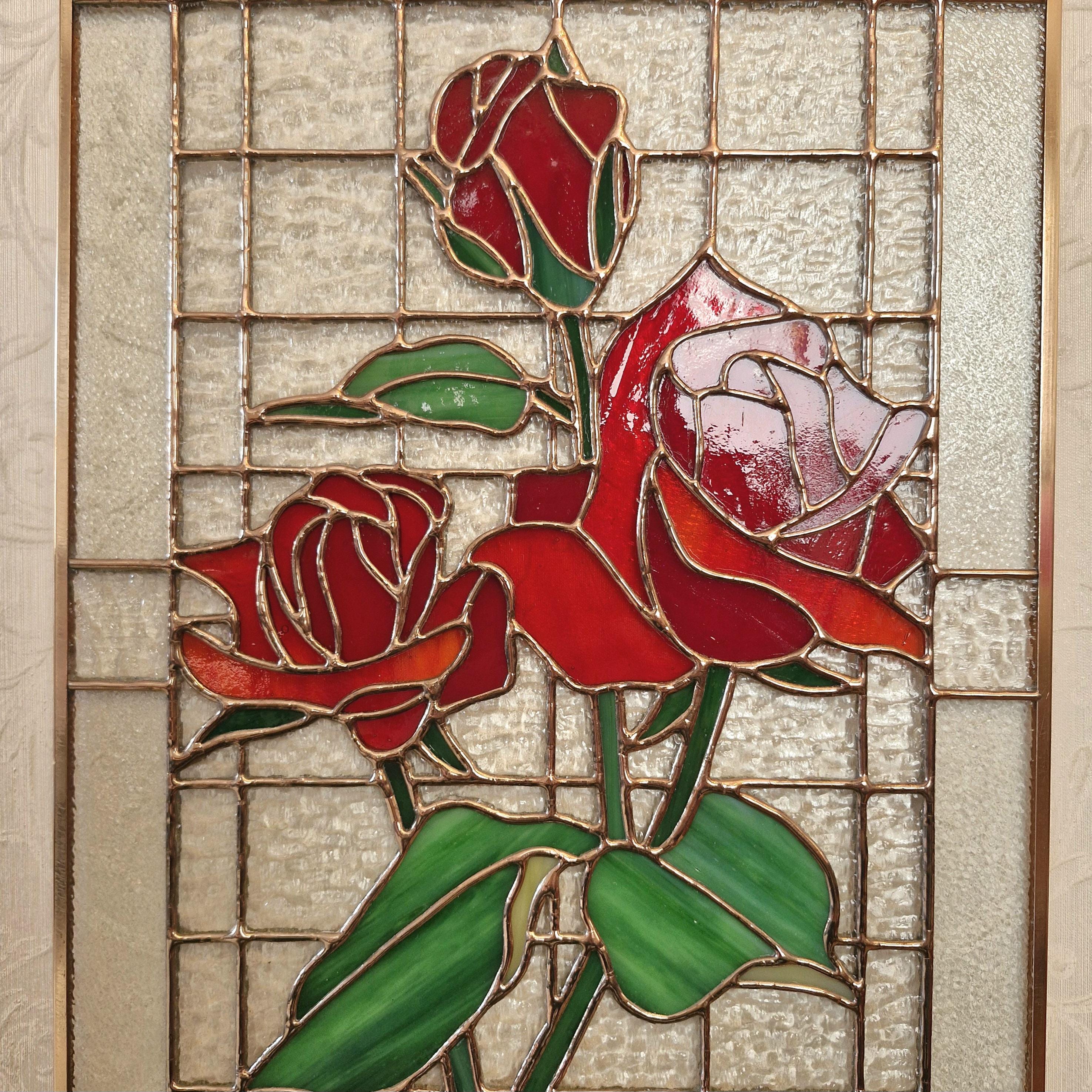 Stained Glass Rose Flower Panel, Stained Glass Red Roses Suncatcher ...