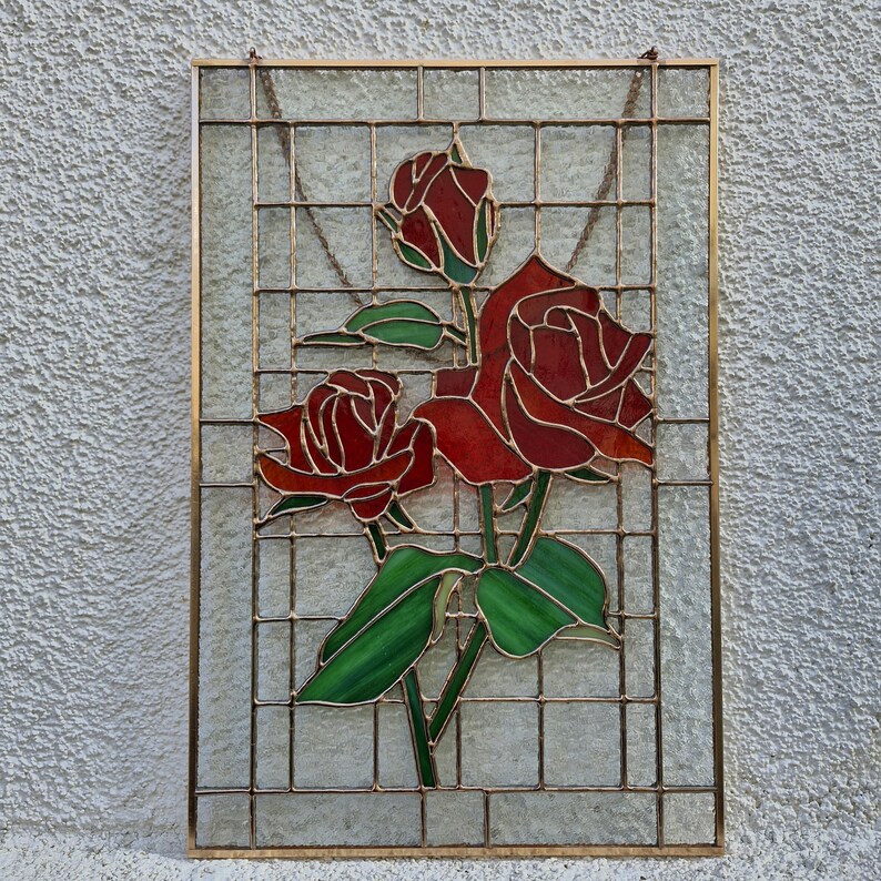 Stained Glass Rose Flower Panel, Stained Glass Red Roses Suncatcher ...