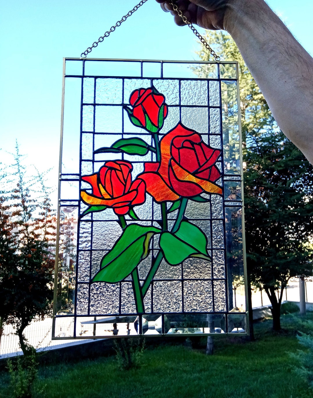 Stained Glass Rose Flower Panel, Stained Glass Red Roses Suncatcher ...