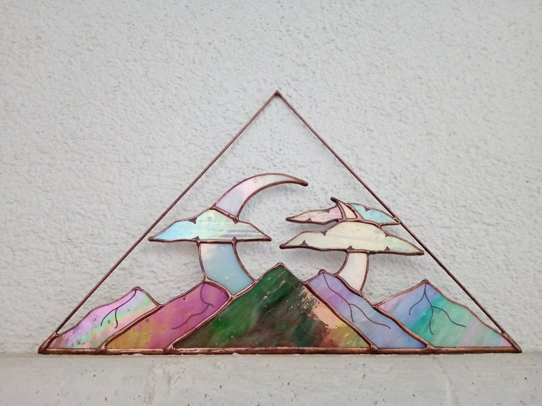 Stained Glass Mountains Moon Clouds Landscape Panel, Stained Glass ...