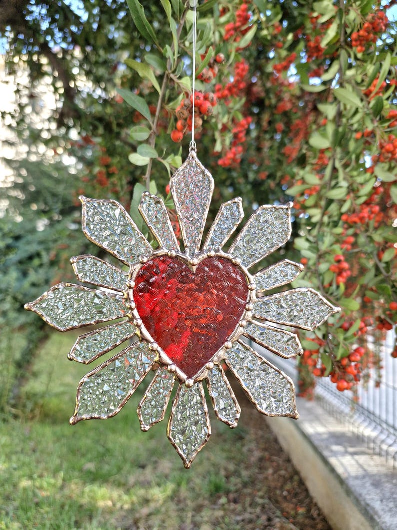 Stained Glass Red Heart Flower Suncatcher, Window Decor - Etsy