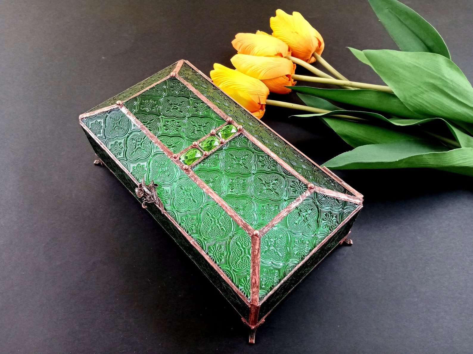Stained Glass Antique Style Green Color Box, Stained Glass Jewelry Box ...