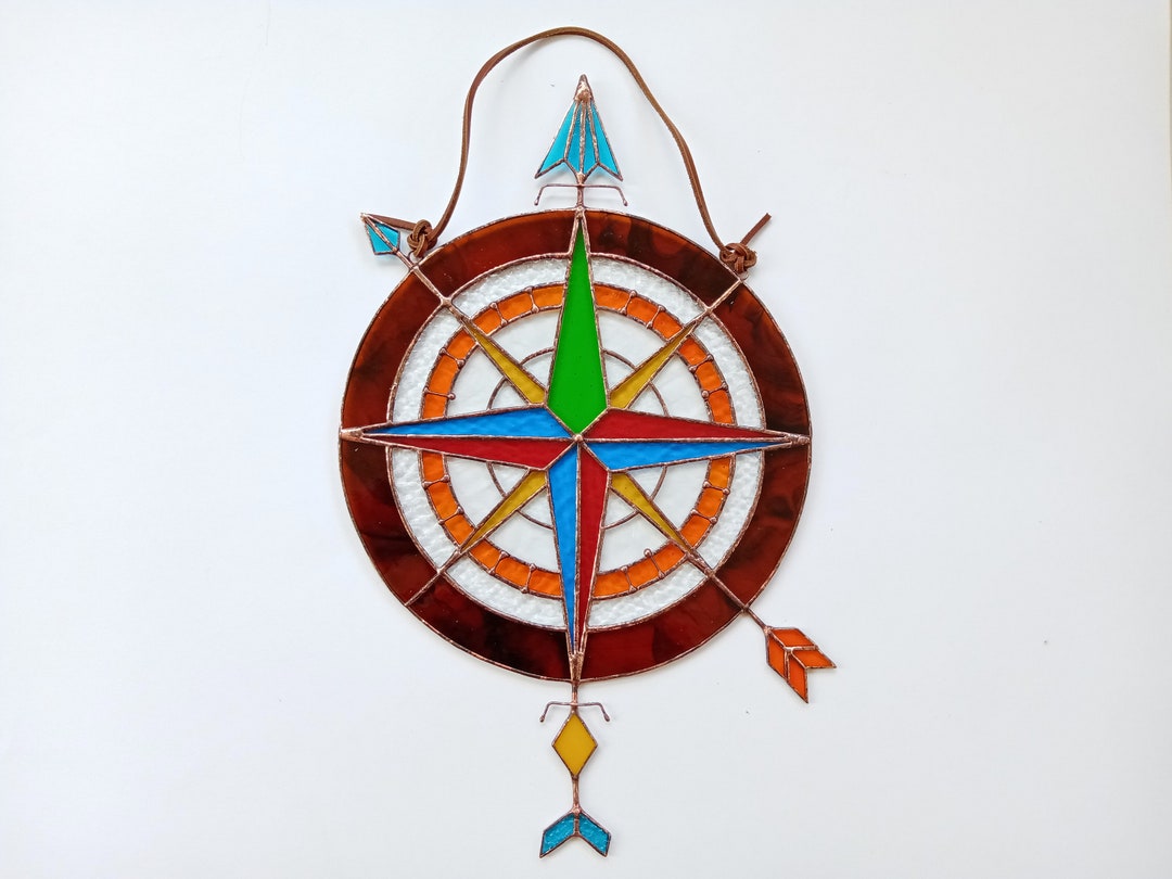 Stained Glass Compass Mandala Panel Suncatcher, Compass Window Wall ...