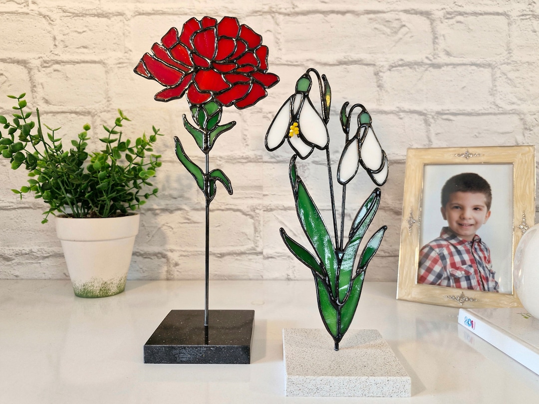 Stained Glass Red Carnation White Snowdrop Birth Flowers for January ...