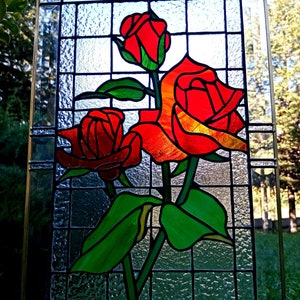 Stained Glass Rose Flower Panel, Stained Glass Red Roses Suncatcher ...