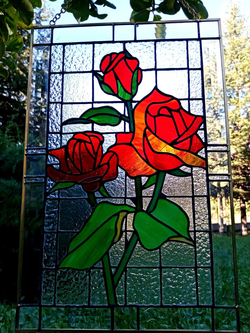 Stained Glass Rose Flower Panel Stained Glass Red Roses - Etsy
