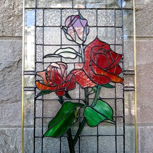 Stained Glass Rose Flower Panel, Stained Glass Red Roses Suncatcher ...