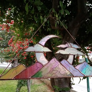 Stained Glass Mountains Moon Clouds Landscape Panel, Stained Glass ...
