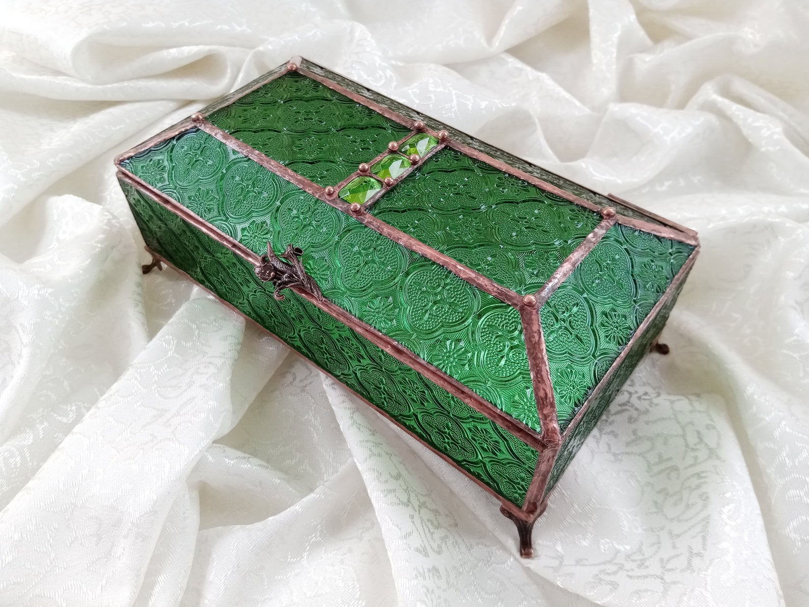 Stained Glass Antique Style Green Color Box, Stained Glass Jewelry Box ...