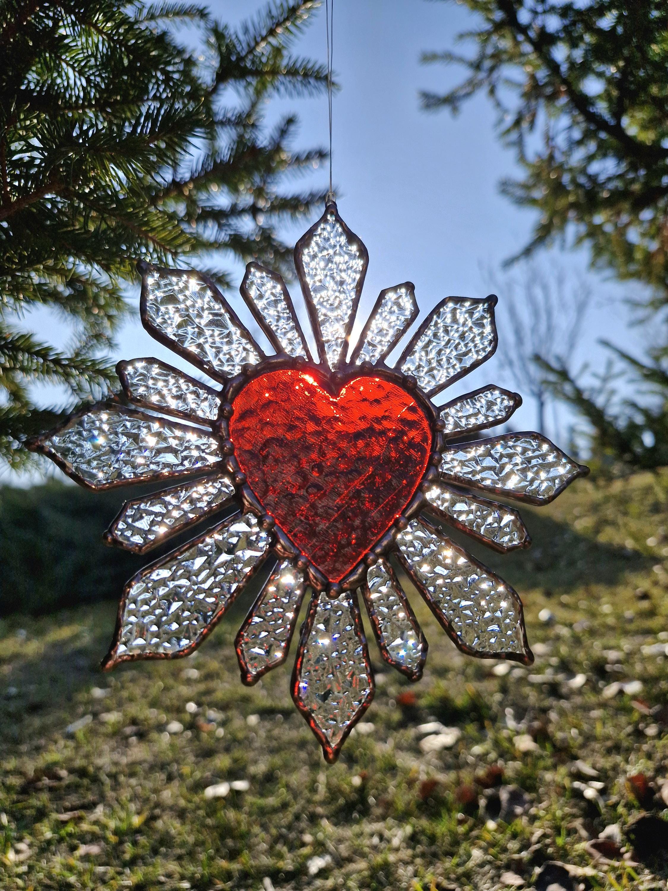 Stained Glass Red Heart Flower Suncatcher, Window Decor - Etsy