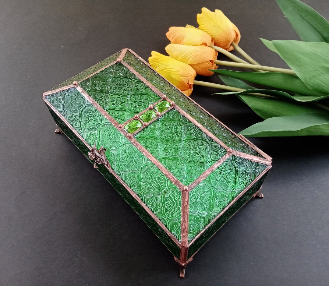 Stained Glass Antique Style Green Color Box, Stained Glass Jewelry Box ...