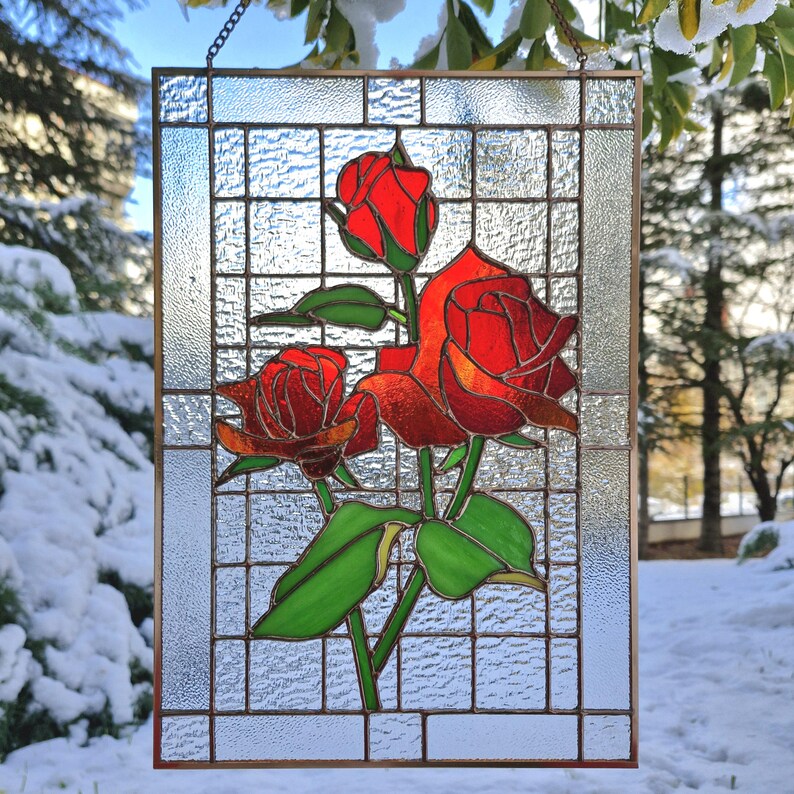 Stained Glass Rose Flower Panel, Stained Glass Red Roses Suncatcher ...