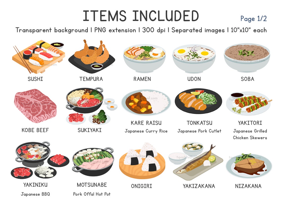 Japanese Food Clipart Set: Sushi, Ramen, Tempura (PNG, EPS Digital ...