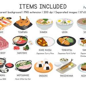 Japanese Food Clipart Set: Sushi, Ramen, Tempura (PNG, EPS Digital ...