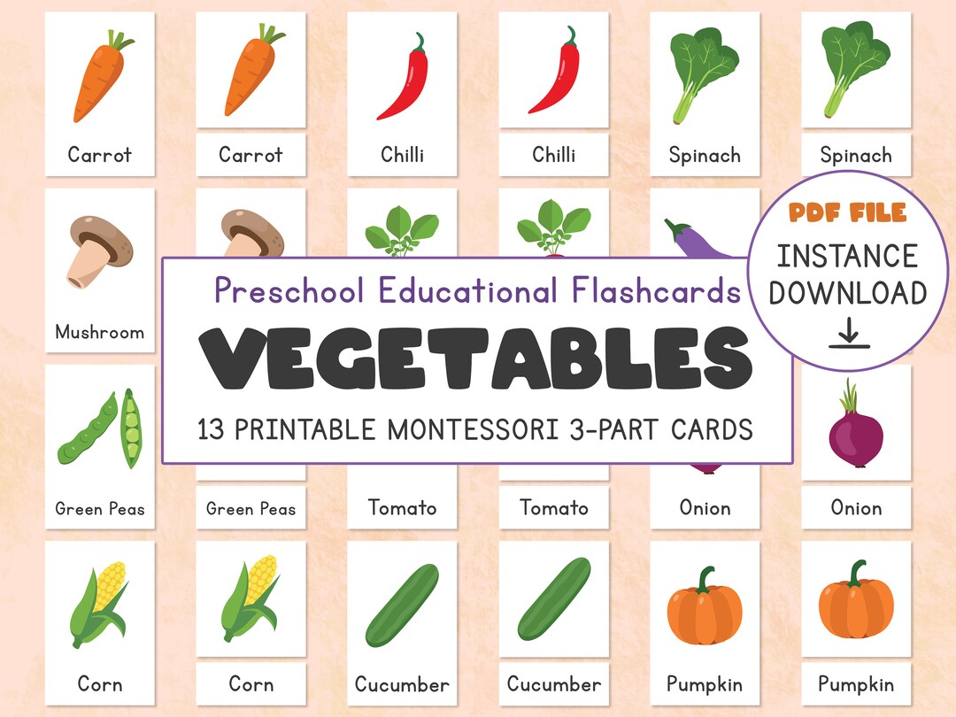 Vegetables Flashcards Printable, Veggies Montessori 3-part Cards ...