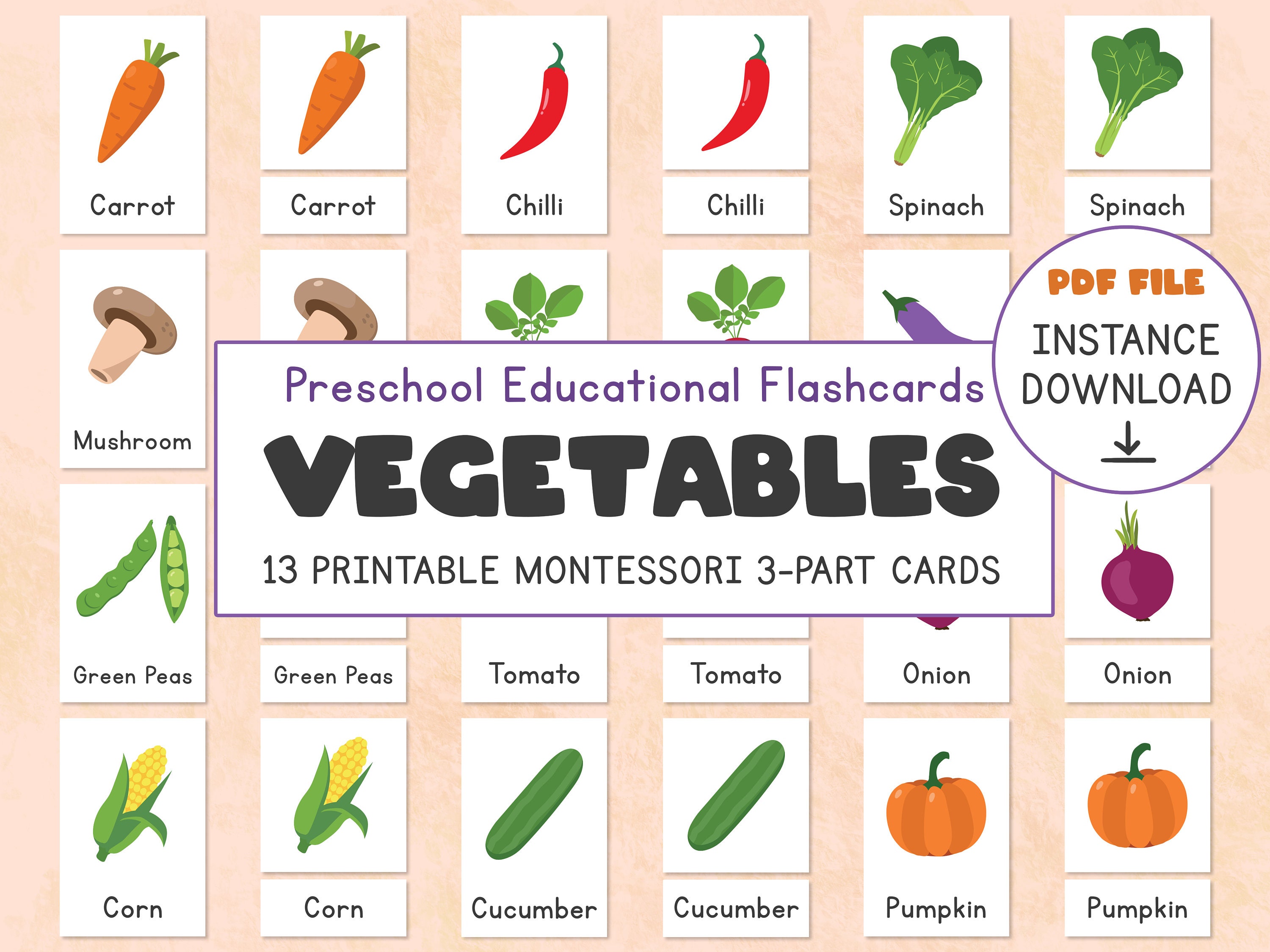 Vegetables Flashcards Printable Veggies Montessori 3-part - Etsy
