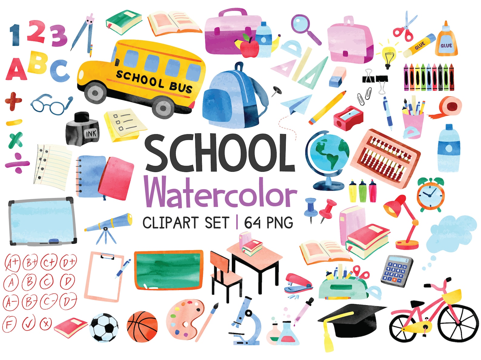Watercolor School Clipart Set: Back to School Supplies (digital ...