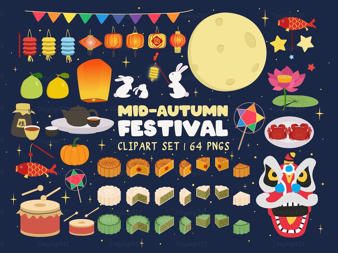 Mid-autumn Festival Clipart: Mooncake, Lion Dance, Lanterns (PNG) - Etsy