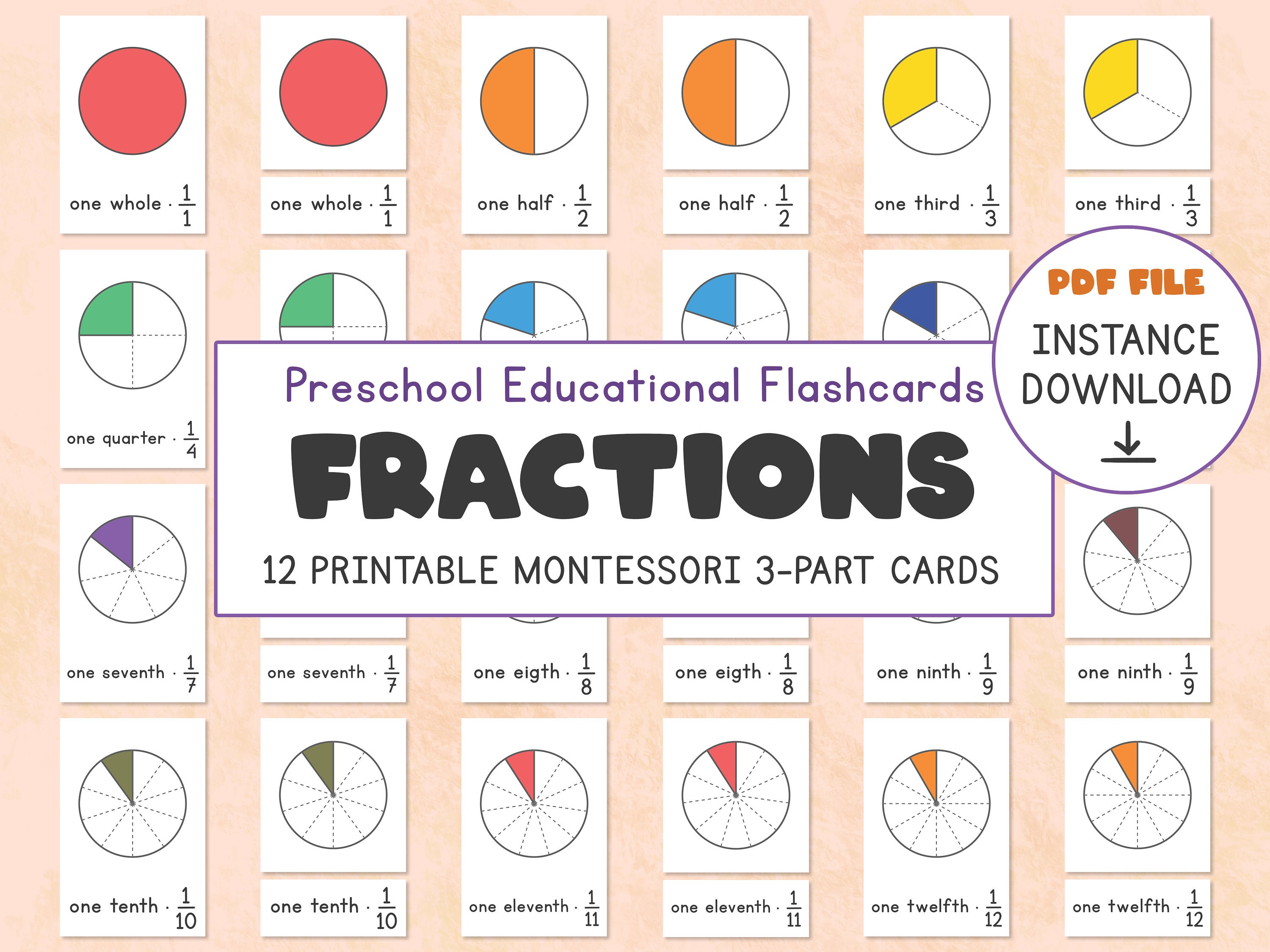 Fractions Flashcards Printable, Fractions Montessori 3-part Cards ...