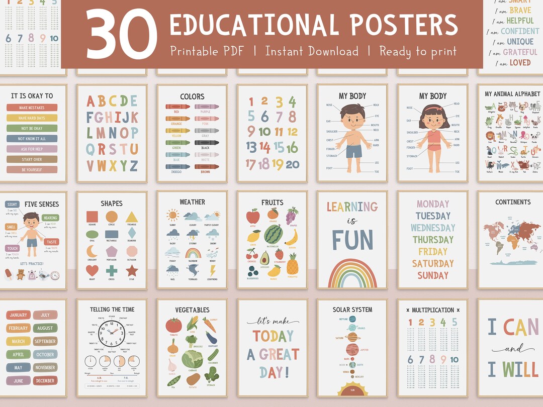 30 Printable Educational Posters Set - ABC, Numbers, Weather, Preschool ...