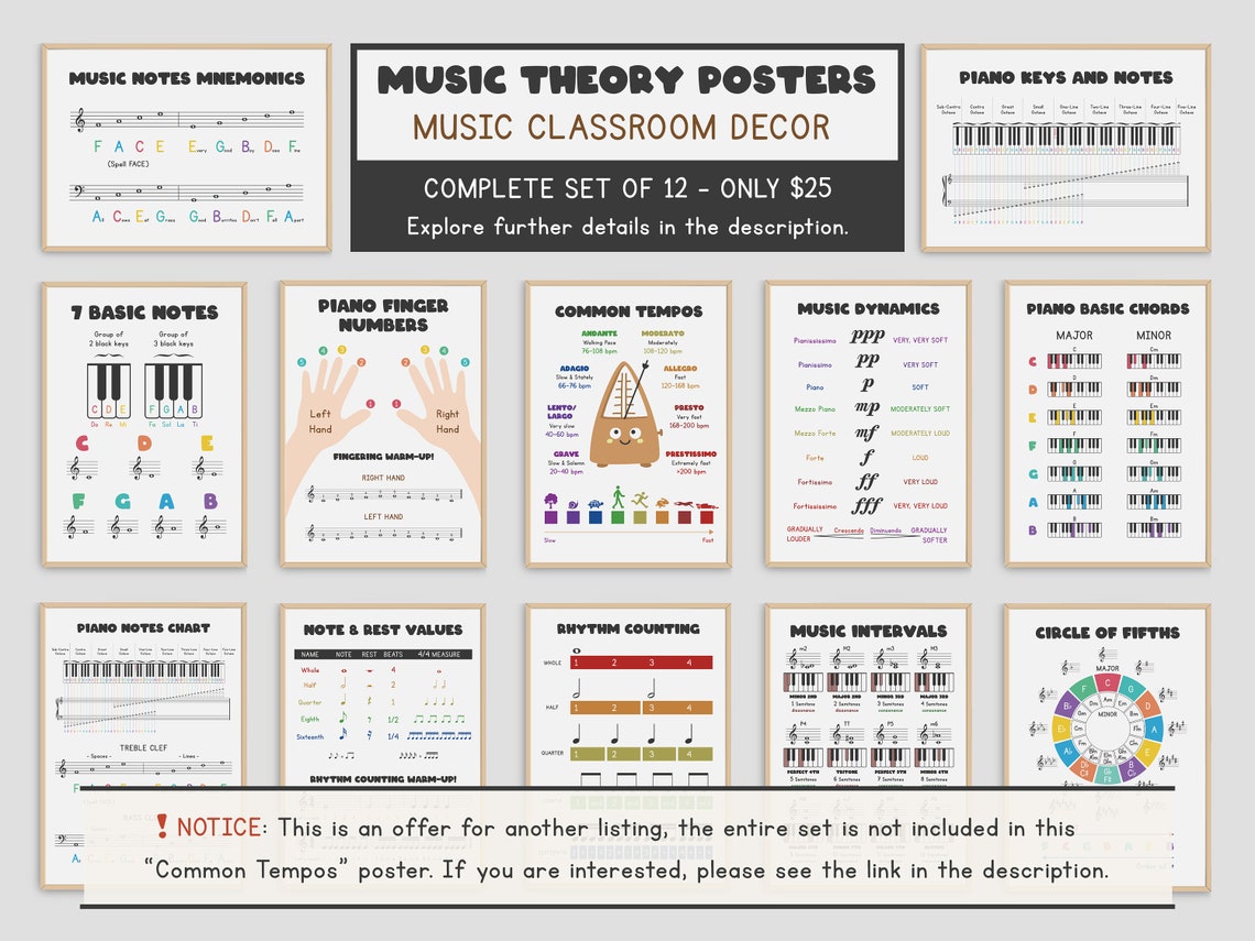 Music Tempos Poster: Music Theory Cheat Sheet, Piano Room Decor ...