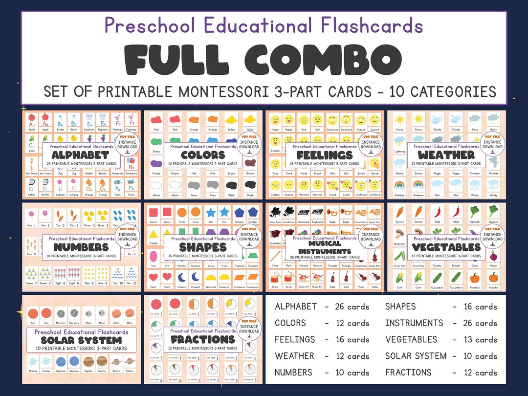 Big Set of Preschool Flashcards Printable, Montessori 3-part Cards ...