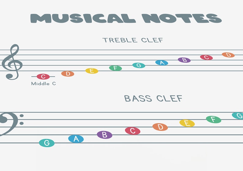Music Notes Chart: Treble & Bass Clef Printable (PDF, PNG) - Etsy